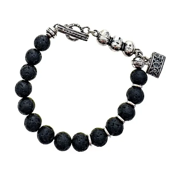 GEM KINGDOM Black / Silver Rebel Rebel Vulcanic Lava Beads Bracelet - Black/silver