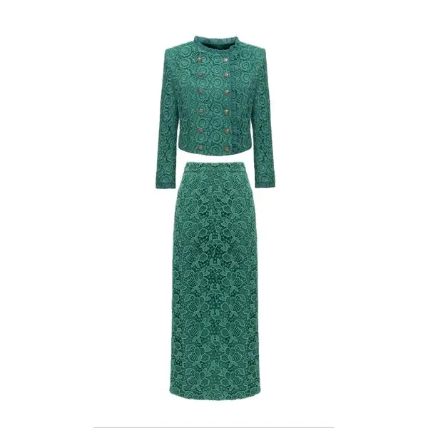 GEORGETTE Emerald Lace Cropped Jacket & Midi Skirt Set - Green