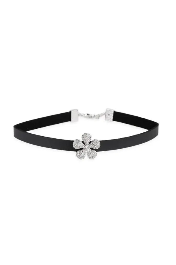 Saachi Dainty Crystal Flower Charm Choker Necklace - Black
