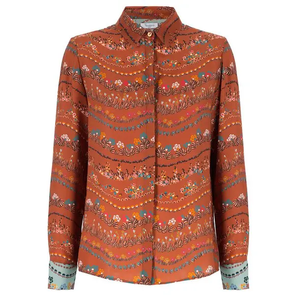 TEODORA MILANO Brown / Blue Lisbona Silk Shirt Flower - Brown/blue
