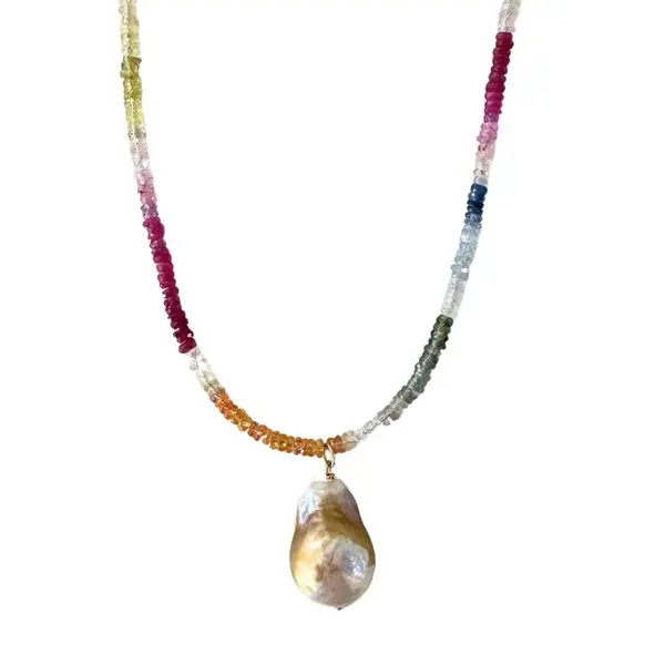 HERSELF COLLECTIONS Baroque Pearl Pendant Rainbow Sapphire Necklace - Blue