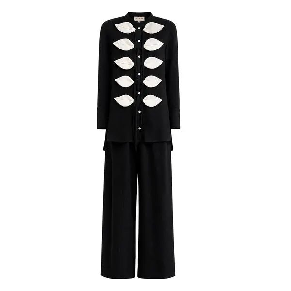 JULIA ALLERT Lightweight Crinkled Blouse & Wide-leg Pants Co-ord Set - Black