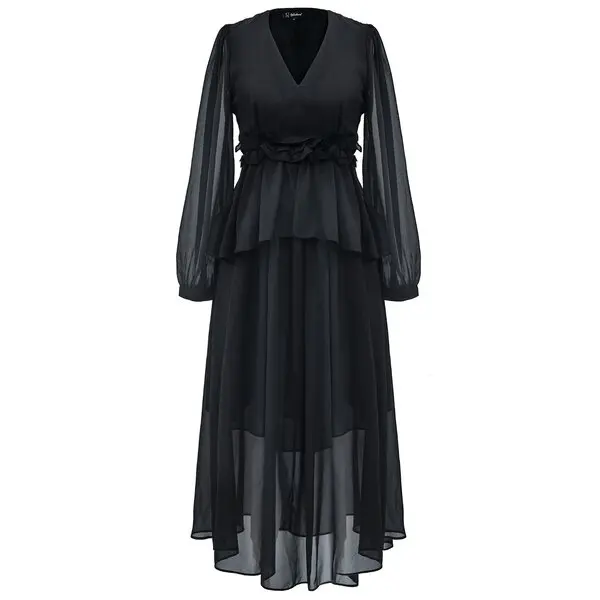 SMART AND JOY Long Ruffle Chiffon Dress - Black