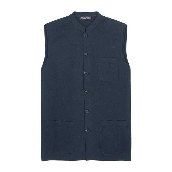 PAUL JAMES KNITWEAR Midweight Cotton Cochin Knitted Nehru Waistcoat Midnight - Blue