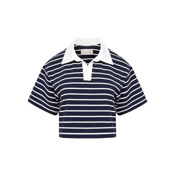 MANDRAGORA Navy Striped Cotton Cropped Top With Collar – Goia - Blue
