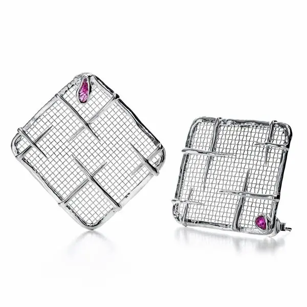 GERMAN KABIRSKI Pink / Silver Takhi Lightweight Silver & Titanium Mesh Earrings With Natural Ruby - Pink/silver