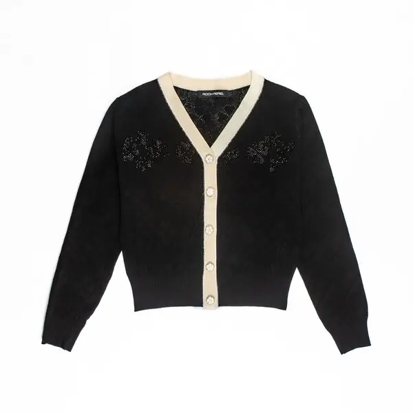 ROCH PEREL Pointelle Floral Stud Cardigan - Black