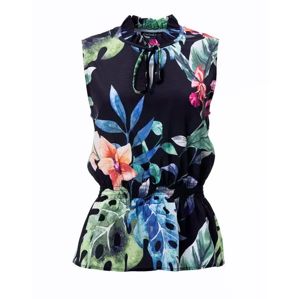 CARLOSLINES Front Neck Tie Smocked Waist Sleeveless Top In Multi-colored Palms Print - Black