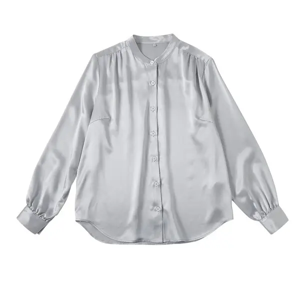 SOFT STROKES SILK Pure Silk Long Sleeve Banded Collar Blouse - Silver