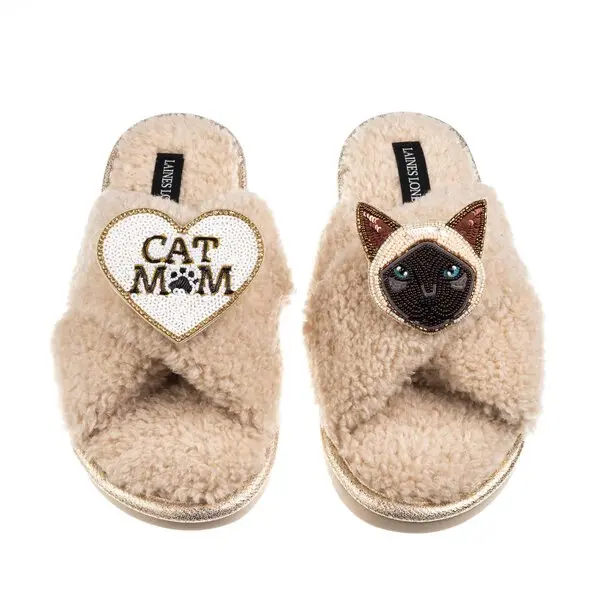 LAINES LONDON Neutrals Boucle Slippers With Cat Mum/mom & Siamese Cat Brooches Oatmeal - Brown