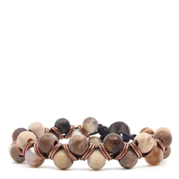 Shar Oke Neutrals / Wood Opalite & Leather Beaded Bracelet - Brown