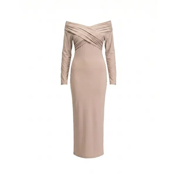 TANTRA SPAIN SL Neutrals Long Fitted Dress With Long Sleeves, V-neck And Draped Detail On The Chest - Beige