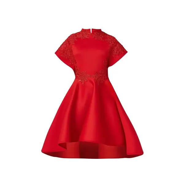 LIA ARAM Neoprene Embroide Midi Dress - Red