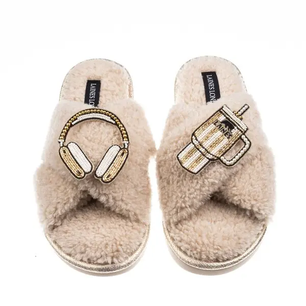 LAINES LONDON Neutrals Laines Neutral Boucle Slippers With Headphones & Quencher Brooches Oatmeal - Brown