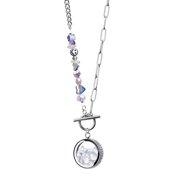 MY LITTLE NATURE Neutrals / Opal Necklace With Joyful Glas Bead Toggle Chain Gemstone Crystal Jewelry October Birthstone - Silver