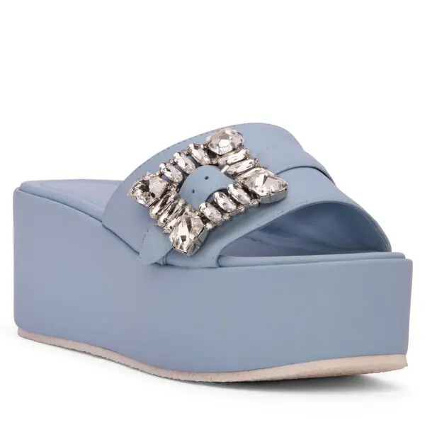 BEAUTIISOLES BY ROBYN SHREIBER Dita Baby Leather Slide Mule Espadrille Sandal Comfortable & Elegant For Work & Evening & Party Sandal - Blue