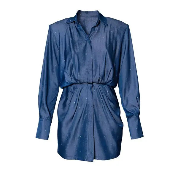 AGGI BY HALEWSKI Electra Jets Navy Denim Mini Shirt Dress With Long Sleeve - Blue