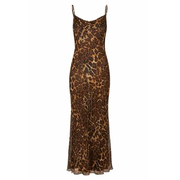 AMAANALUX Brown / Black Strappy Sheer Leopard Print Maxi Beach Summer Dress - Brown/black