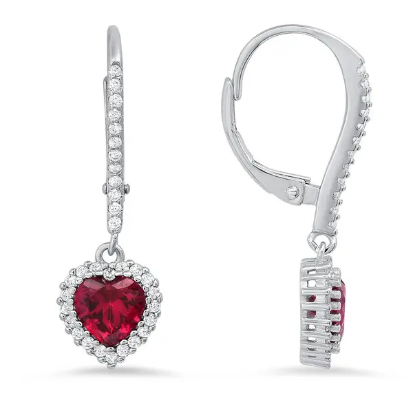 KYLIE HARPER Red / Silver July Ruby Birthstone Heart-cut Halo Leverback Earrings In Sterling Silver - Red/silver