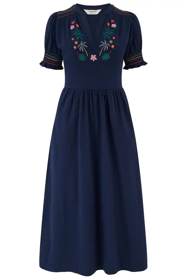 SUGARHILL BRIGHTON Esme Jersey Midi Dress Navy, Tropic Palm Embroidery - Blue