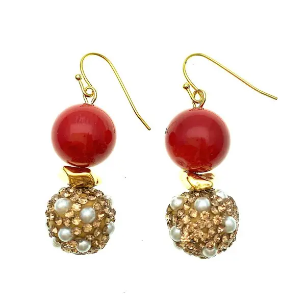 FARRA Coral With Rhinestones Borde Pearls Earrings - Red
