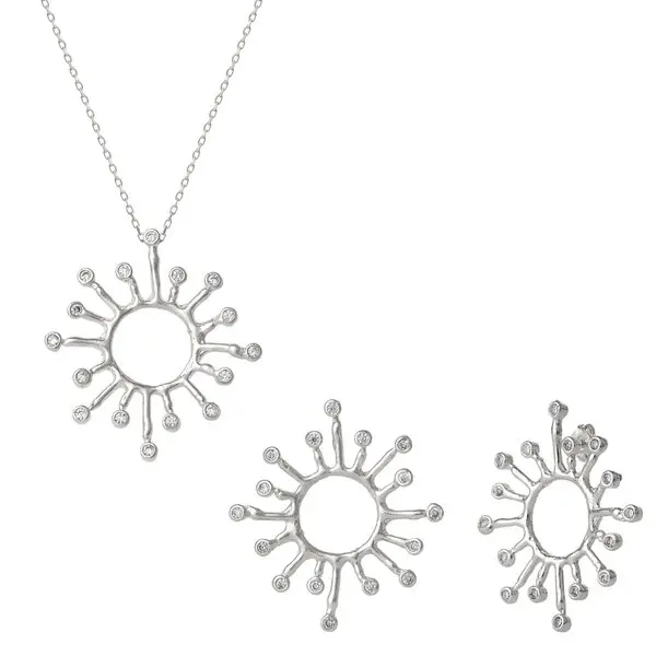 SPERO LONDON Sun Sunburst Large Textured Molten Sterling Earring & Necklace Set - Silver
