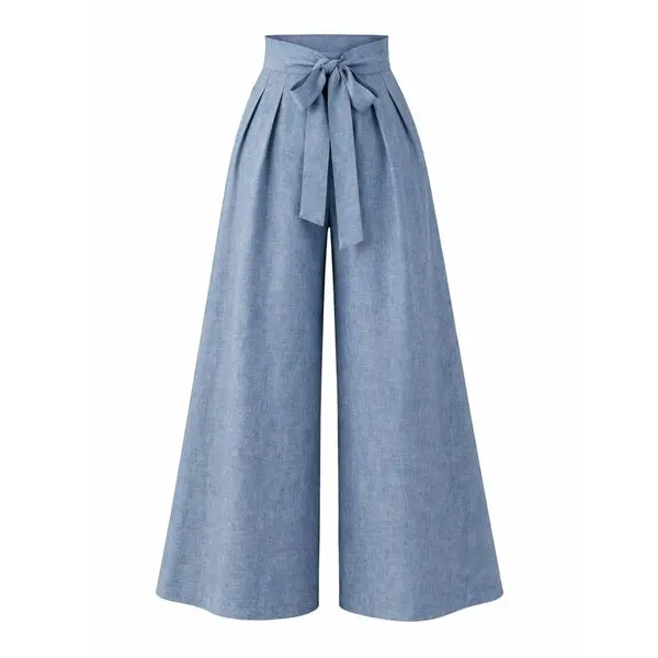 NIKKA PLACE Wide Leg Baggy Linen Pants With High Waist And Front Tie In Melange - Blue