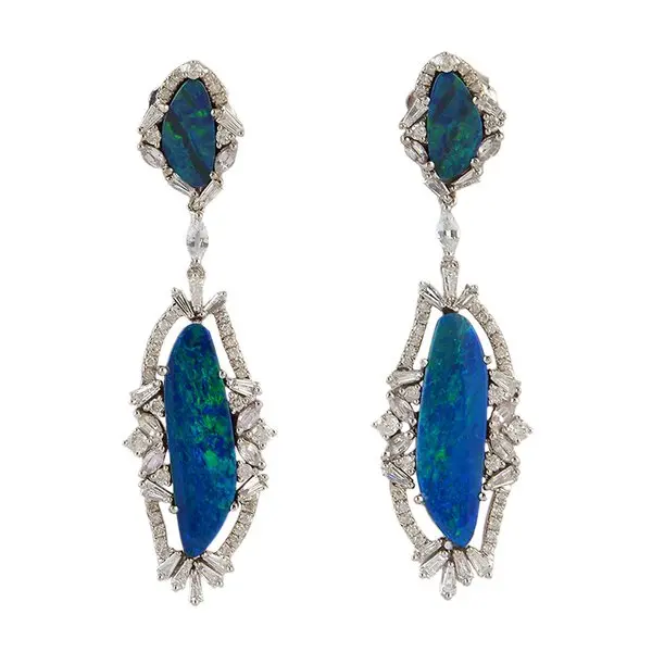 ARTISAN White / Blue Opal, Sapphire & Diamond Art Deco Drop Earrings In 18k White Gold - White/blue