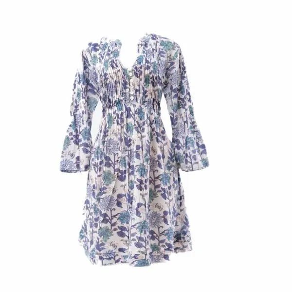 WILD ROSE Poa Floral Cotton Hand Block Print Dress - Blue