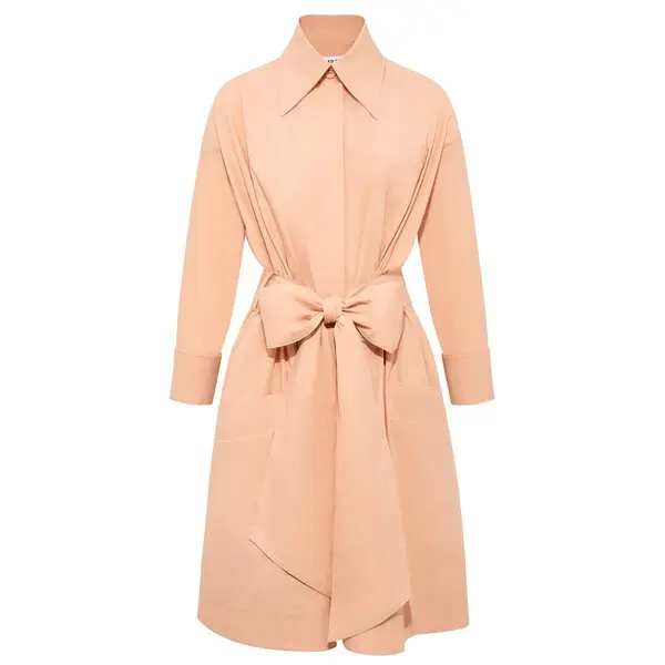 FEMPONIQ Neutrals Belted Gathered Cotton Shirt Dress In Peach - Orange