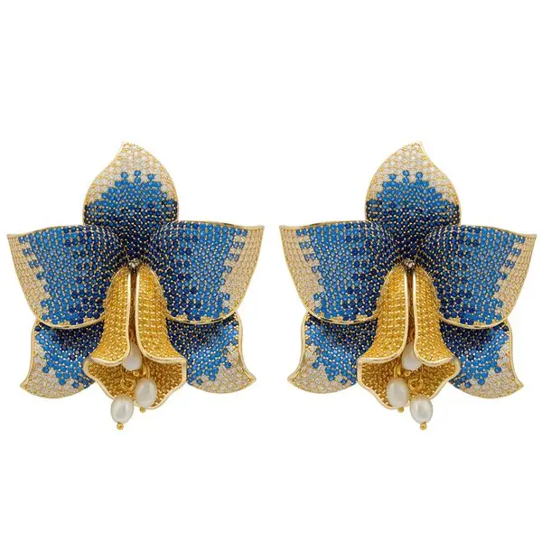 LATELITA Daffodil With Pearls Earrings Gold Sapphire Cz - Blue