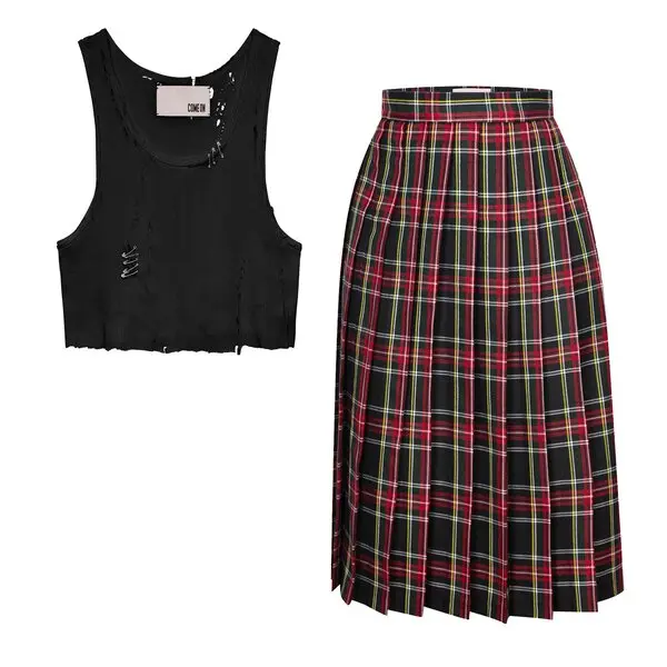 COME ON Red / Black Christine Tartan Skirt With Hell Organic Tshirt Black Outfit - Red/black