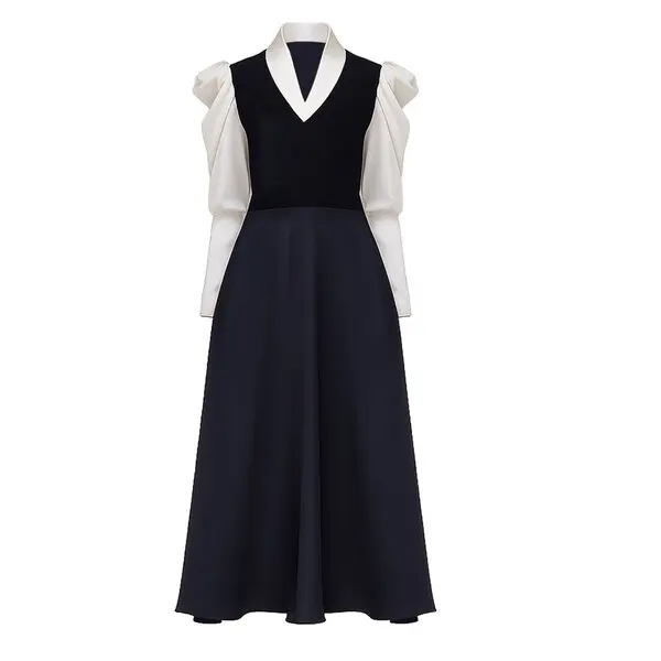 JULIA ALLERT Elegant Satin V-neck Long Sleeve Midi Dress - Black