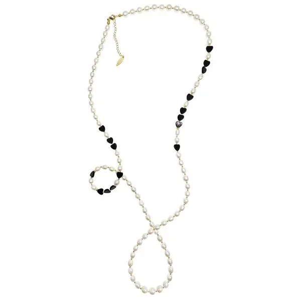 FARRA Freshwater Pearls With Heart Black Obsidian Long Necklace