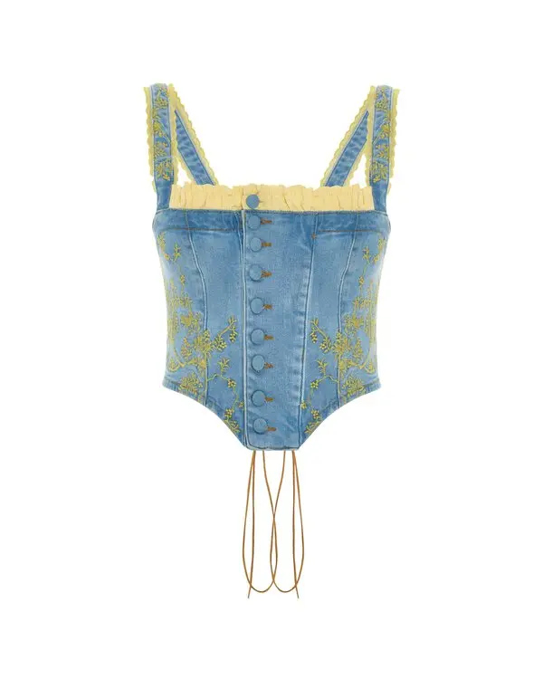 MAISON SEL Embroidered Panelled Denim Corset - Blue