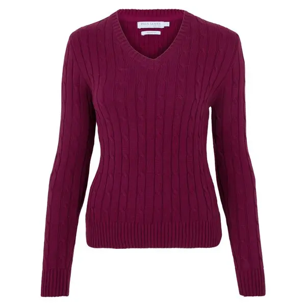 PAUL JAMES KNITWEAR Cotton Talulah Cable V Neck Jumper Rhododendron - Red