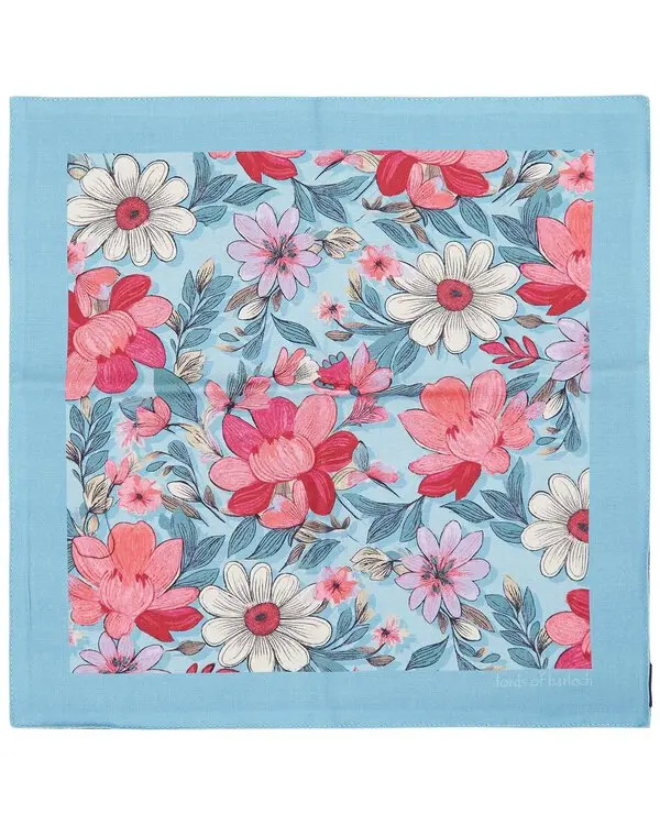 LORDS OF HARLECH Hudson Catalan Floral Merino Handkerchief Pocket Square Teal - Blue