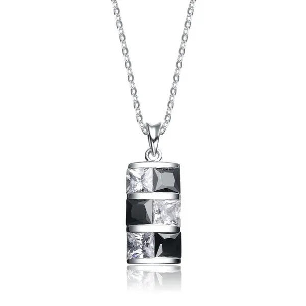 GENEVIVE Sterling Silver Rectangular Cubic Zirconia Pendant Necklace - Black/white/silver