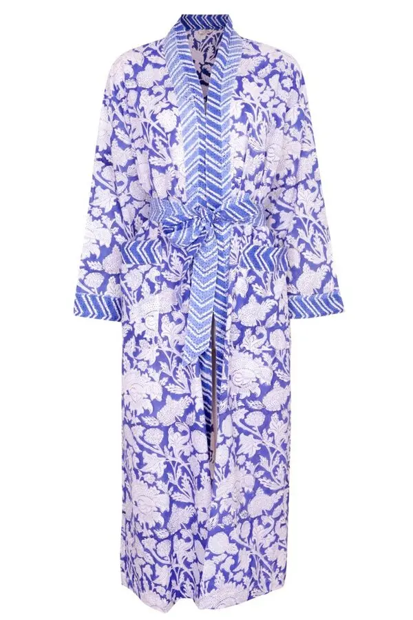 NOLOGO-CHIC Blue / White Hand Printed Kimono Robe China Blue Cotton - Blue/white