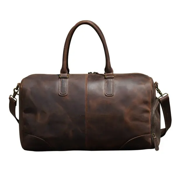 TOURI Genuine Leather Gym Bag With Shoe Storage Dark - Brown