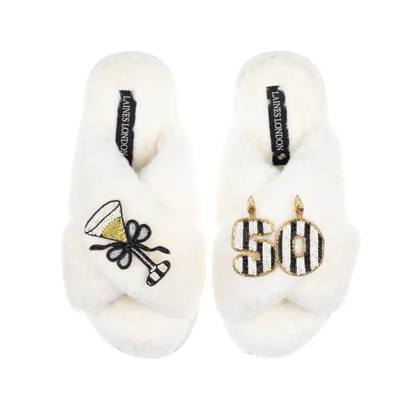 LAINES LONDON Classic Laines Slippers With Stripe 50th Birthday & Glass Of Champagne Brooches Cream - White