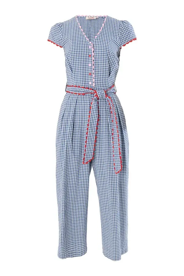 LOUCHE Marleen Gingham Ric Rac Trim Cropped Jumpsuit - Blue