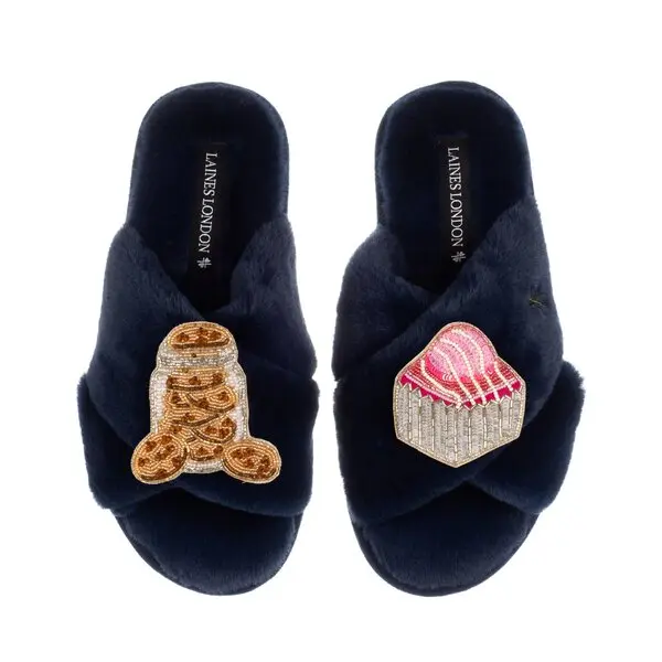 LAINES LONDON Laines X Juliet Slippers With Cookie Jar & French Fancy Brooches Navy - Blue