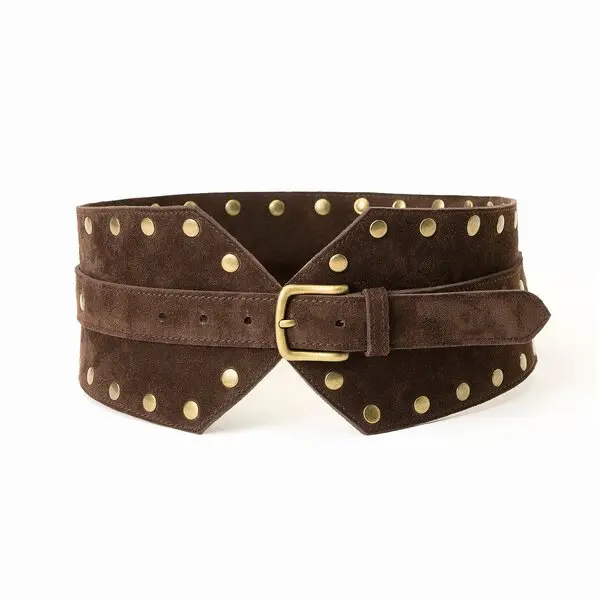 JUAN-JO Dark Suede Wide Belt With Studs - Brown