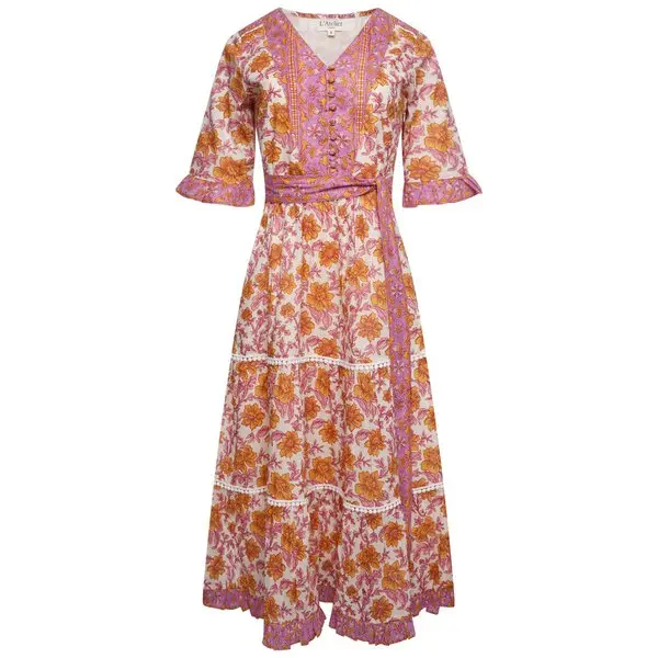 LATELIER LONDON Noemi Yellow Floral Block Print Cotton Midi Dress - Pink