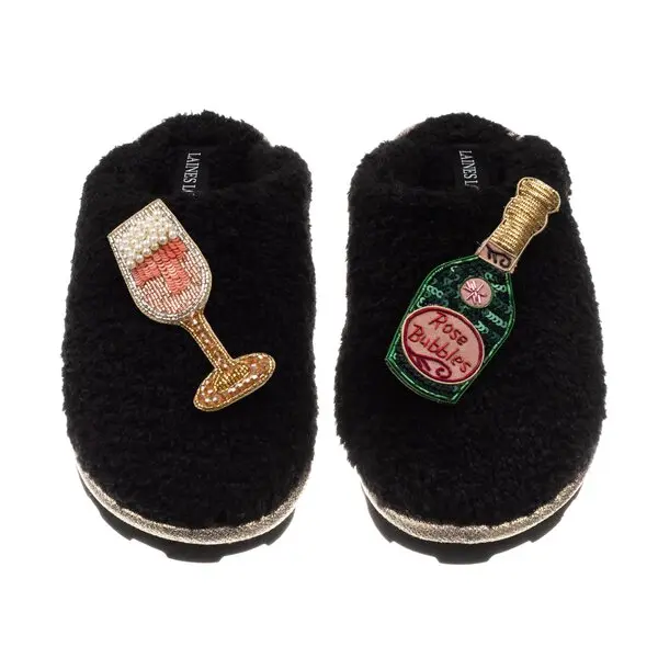 LAINES LONDON Teddy Closed Toe Slippers With Pink Champagne & Glass Brooches - Black