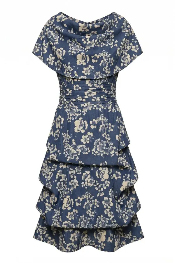 ATOM LABEL Cowl Hitch Dress In Denim Floral - Blue