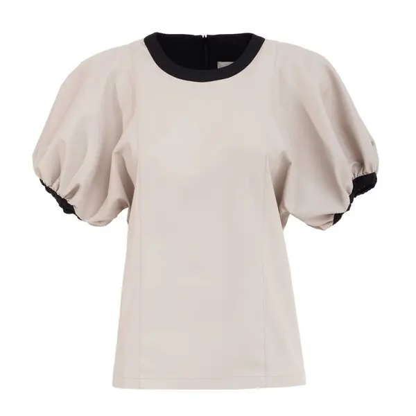 JULIA ALLERT Neutrals Puff Sleeve Faux Leather Top – Beige - Beige/black