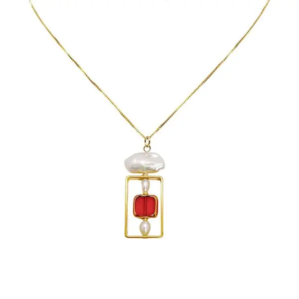 ARACHELI STUDIO Geometric Square X Pearls Chain Necklace - Red