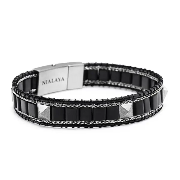 NIALAYA JEWELRY Black / Silver Black Onyx Stud Bracelet With Silver - Black/silver